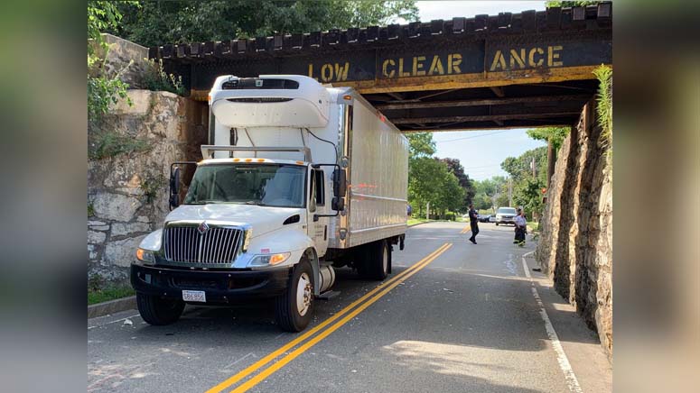 Box truck hits commuter rail bridge in Dedham - Boston News, Weather ...