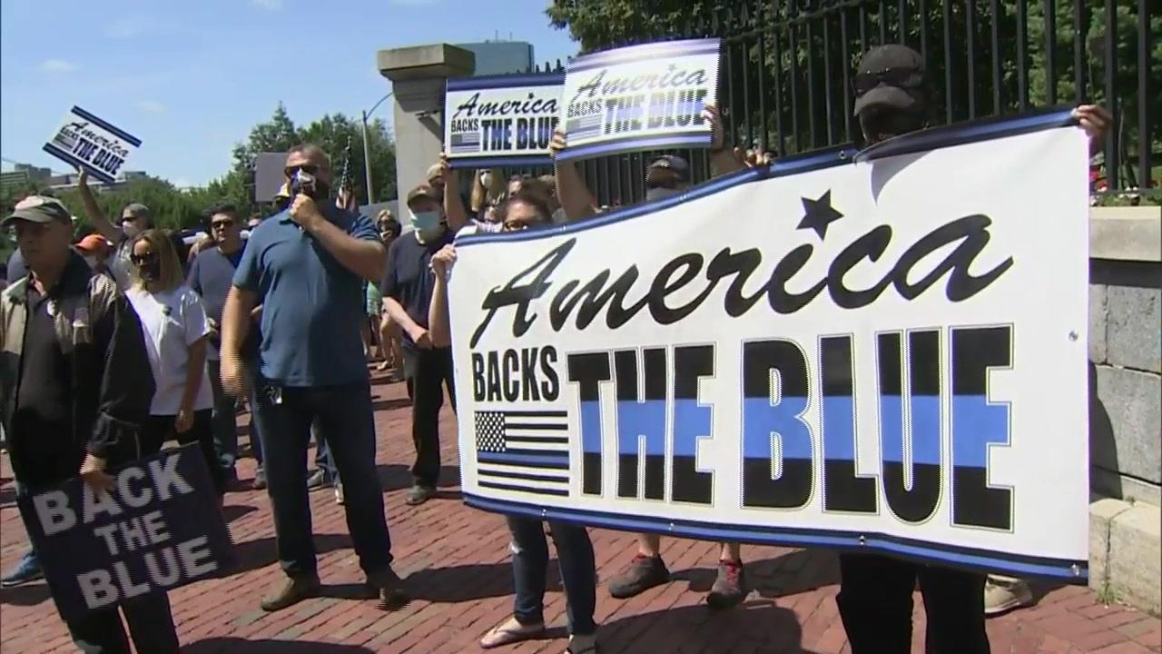 Demonstrators gather for Back the Blue rally outside State House ...