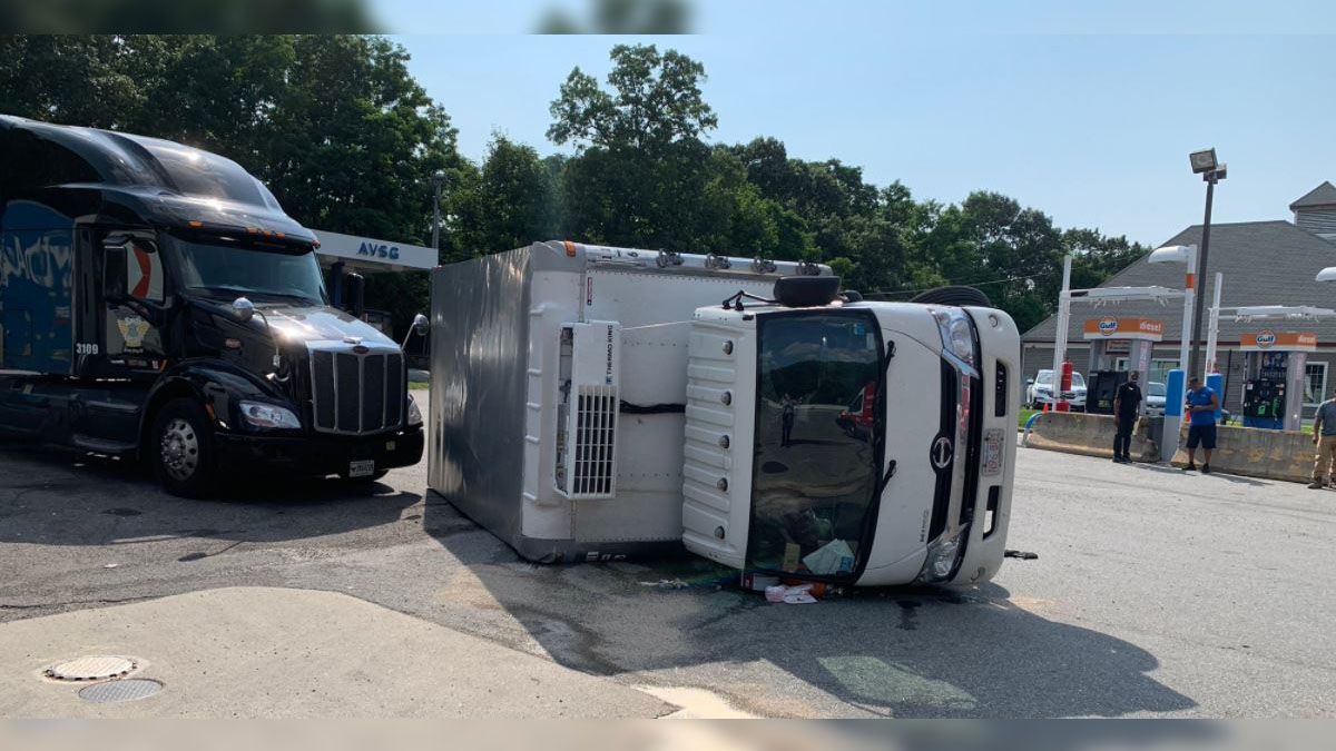 Emergency crews respond to box truck rollover at Route 128 rest stop in ...