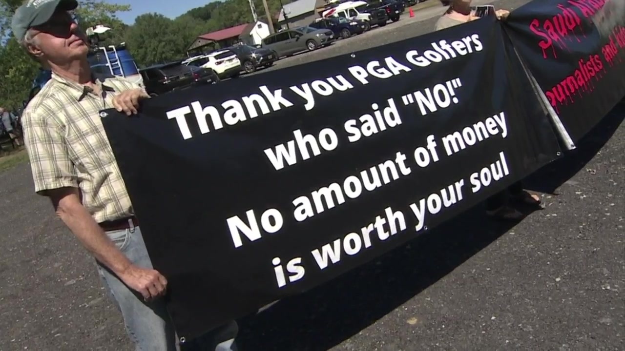 Demonstrators protest LIV Golf event in Bolton - Boston News, Weather ...