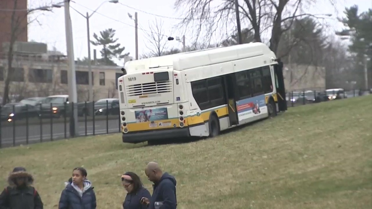 Six people injured in crash that sent MBTA bus through fence, into ...