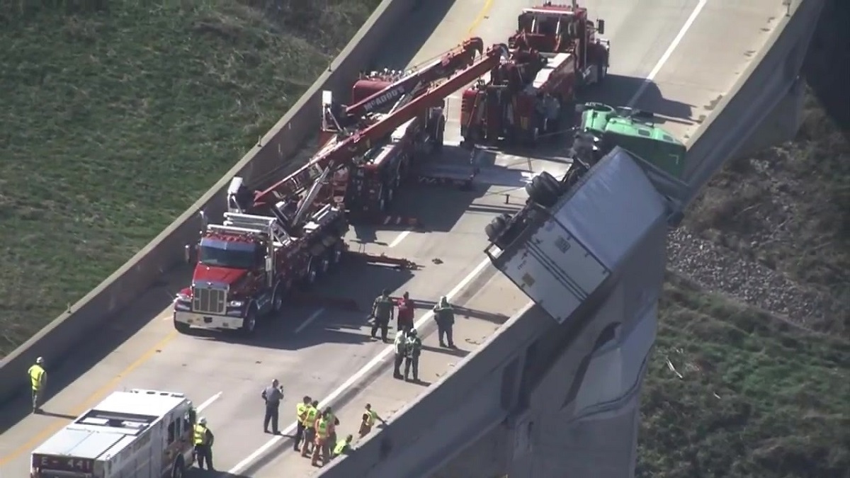 Truck dangles on overpass in Pennsylvania after tipping over - Boston ...