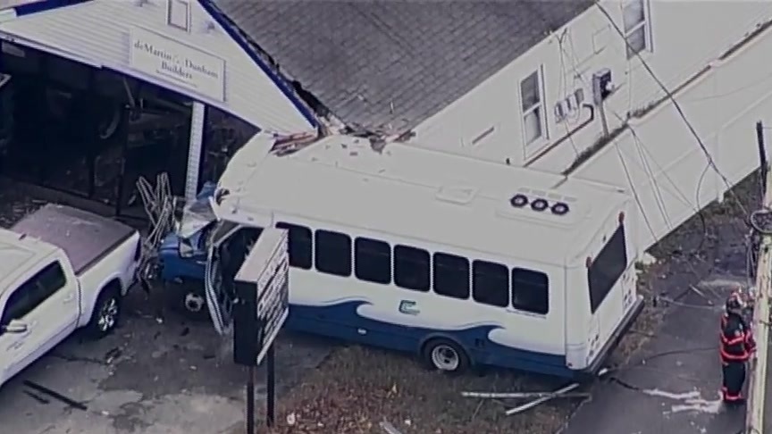Driver taken to hospital after bus crashes into building in Hyannis ...