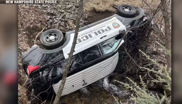 Wild crash leaves police cruiser overturned in the woods in Moultonboro ...