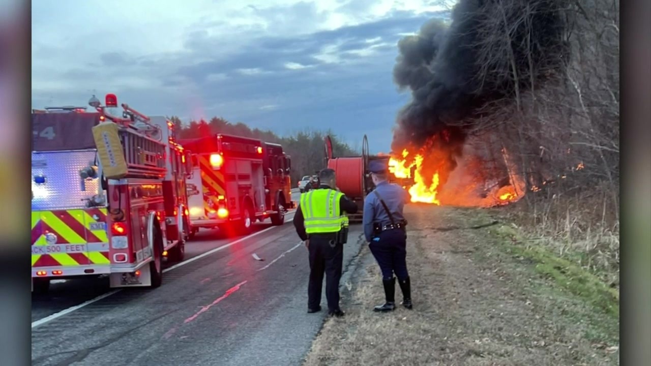 Tanker truck crashes, catches fire on I-495 in Merrimac - Boston News ...